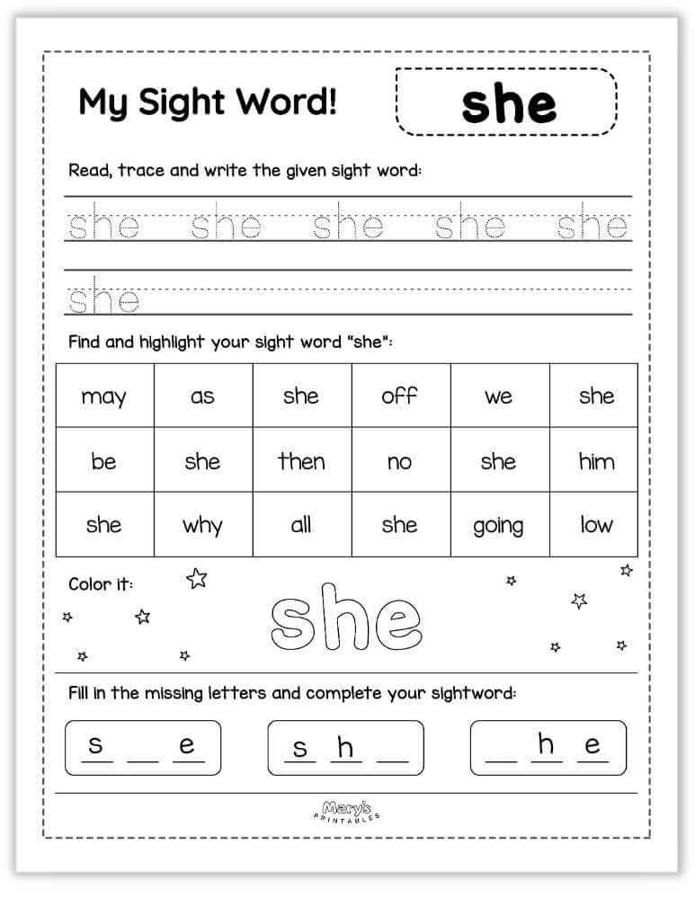 Printable Sight Words – Free Kindergarten Sight Word Worksheets