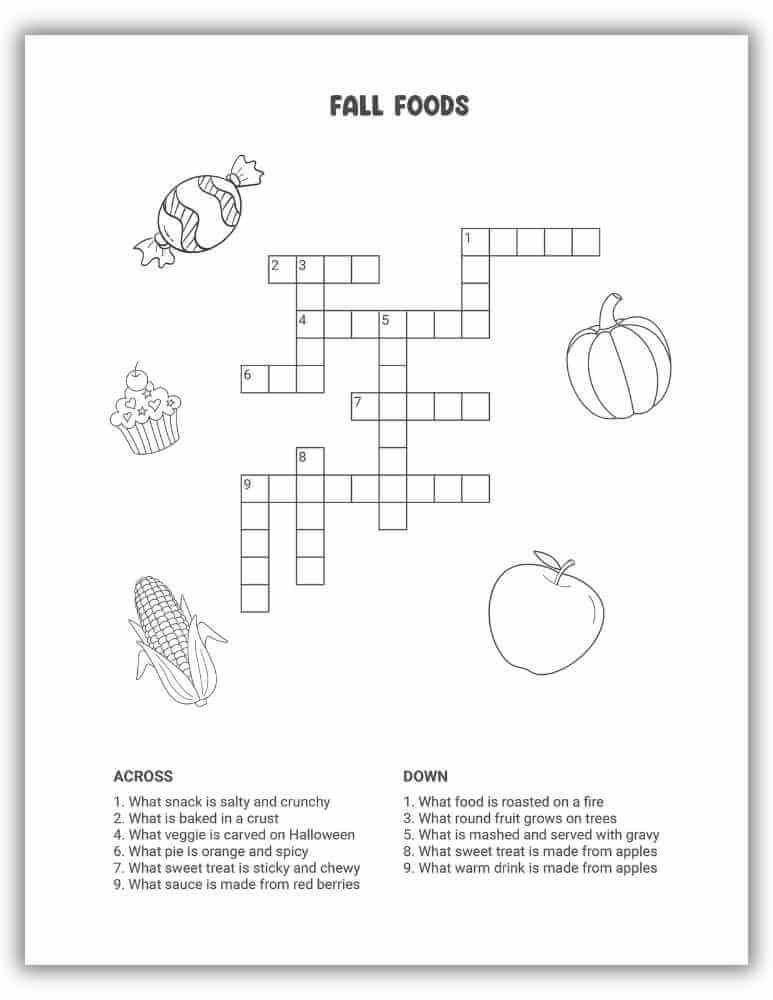Free Fall Crossword Puzzle Printable for Kids
